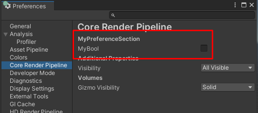 Adding properties to the Core Render Pipeline settings section ...