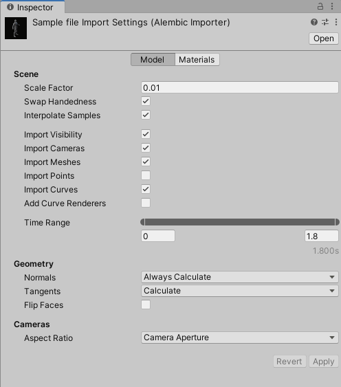 Alembic Import Settings ウィンドウ | Alembic | 2.3.0-pre.3